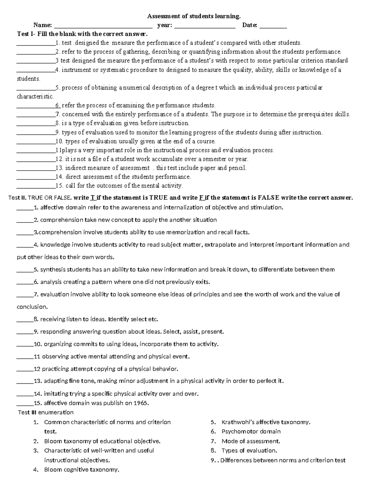 Assesment Ex - Assessment of students learning. Name ...