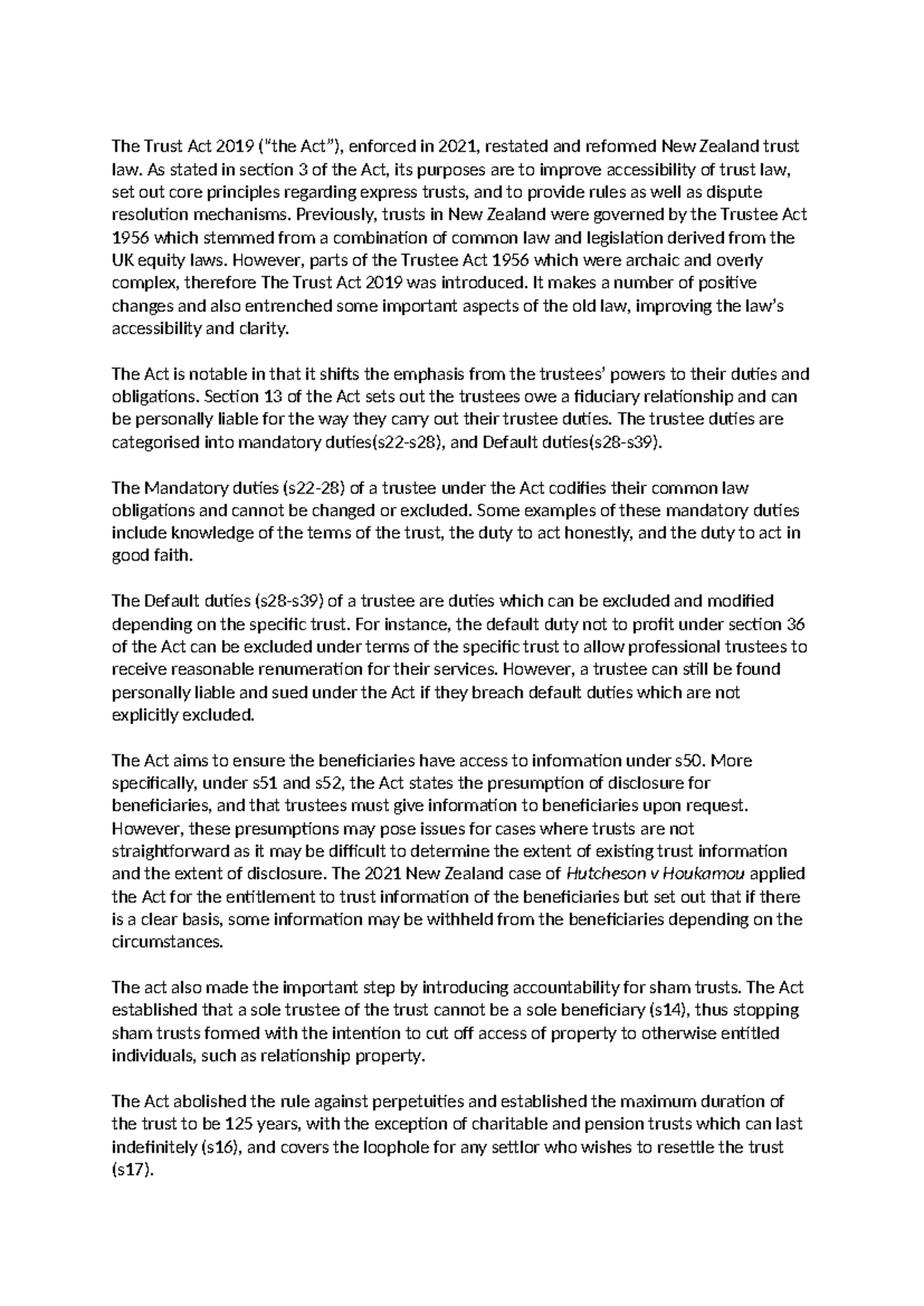 Trustact 2019 draft answer - The Trust Act 2019 (“the Act”), enforced ...
