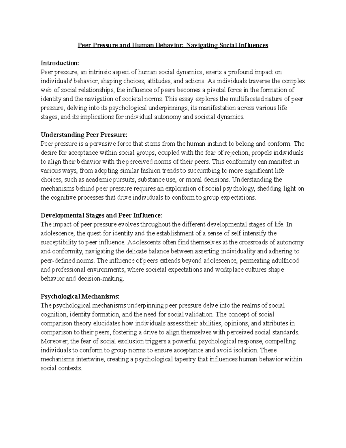 Peer Pressure and Human Behaviour - As individuals traverse the complex ...