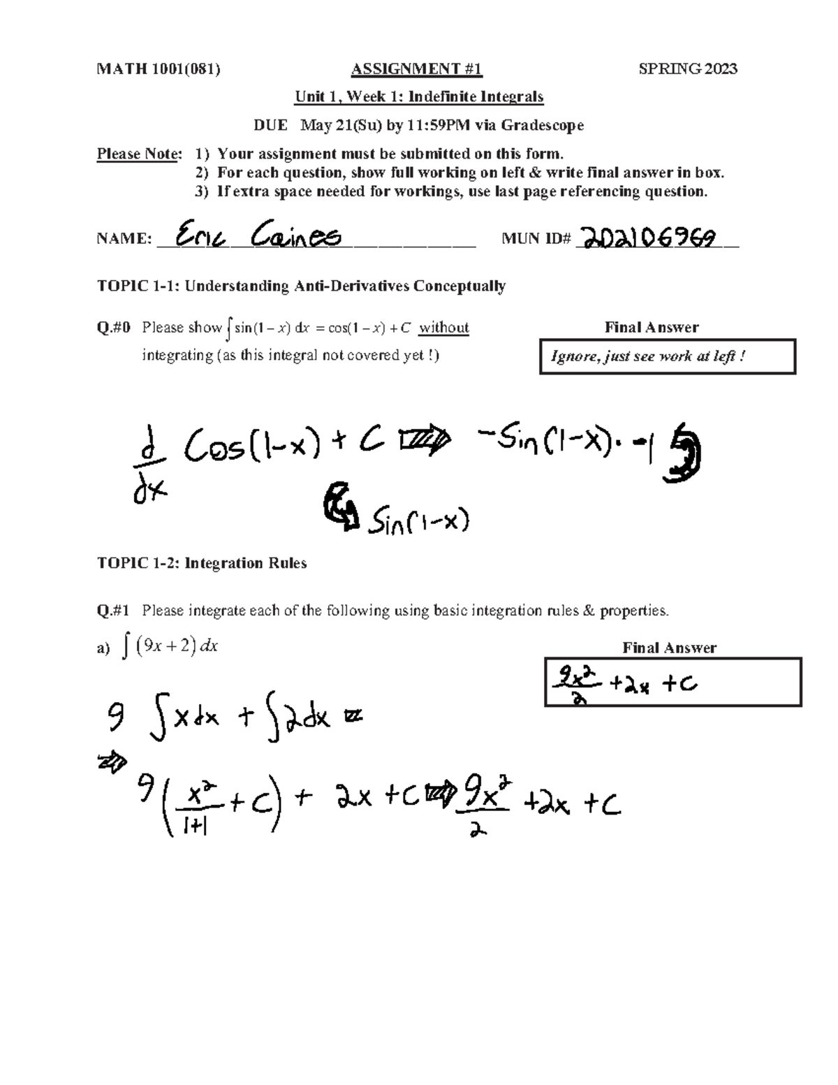 M1001 A1 Written finished - Math 1001 - Memorial University - Studocu