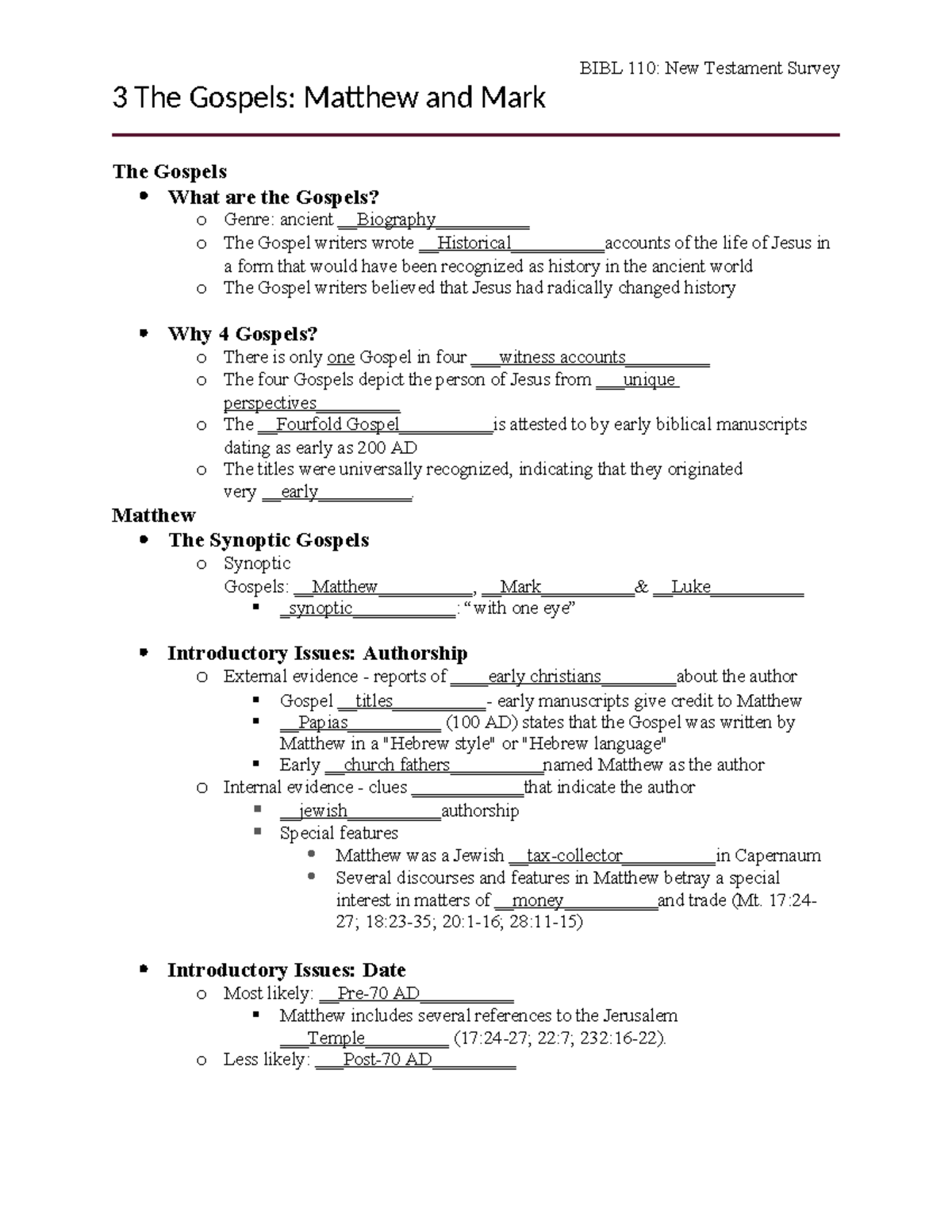 3 The Gospels- Matthew and Mark - Completed - BIBL 110: New Testament ...