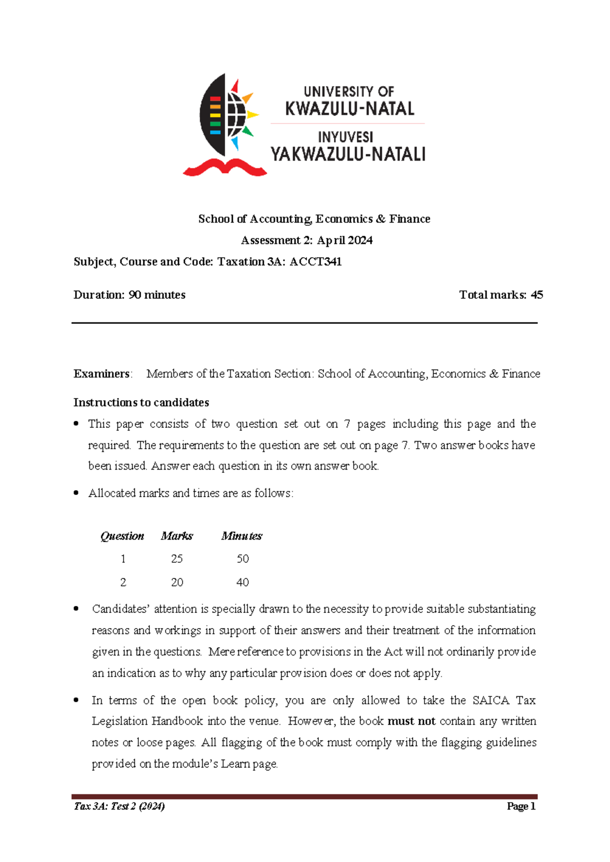 2024 Tax 3A Test 2 Question Paper - Tax 3A: Test 2 (2024) Page 1 School ...