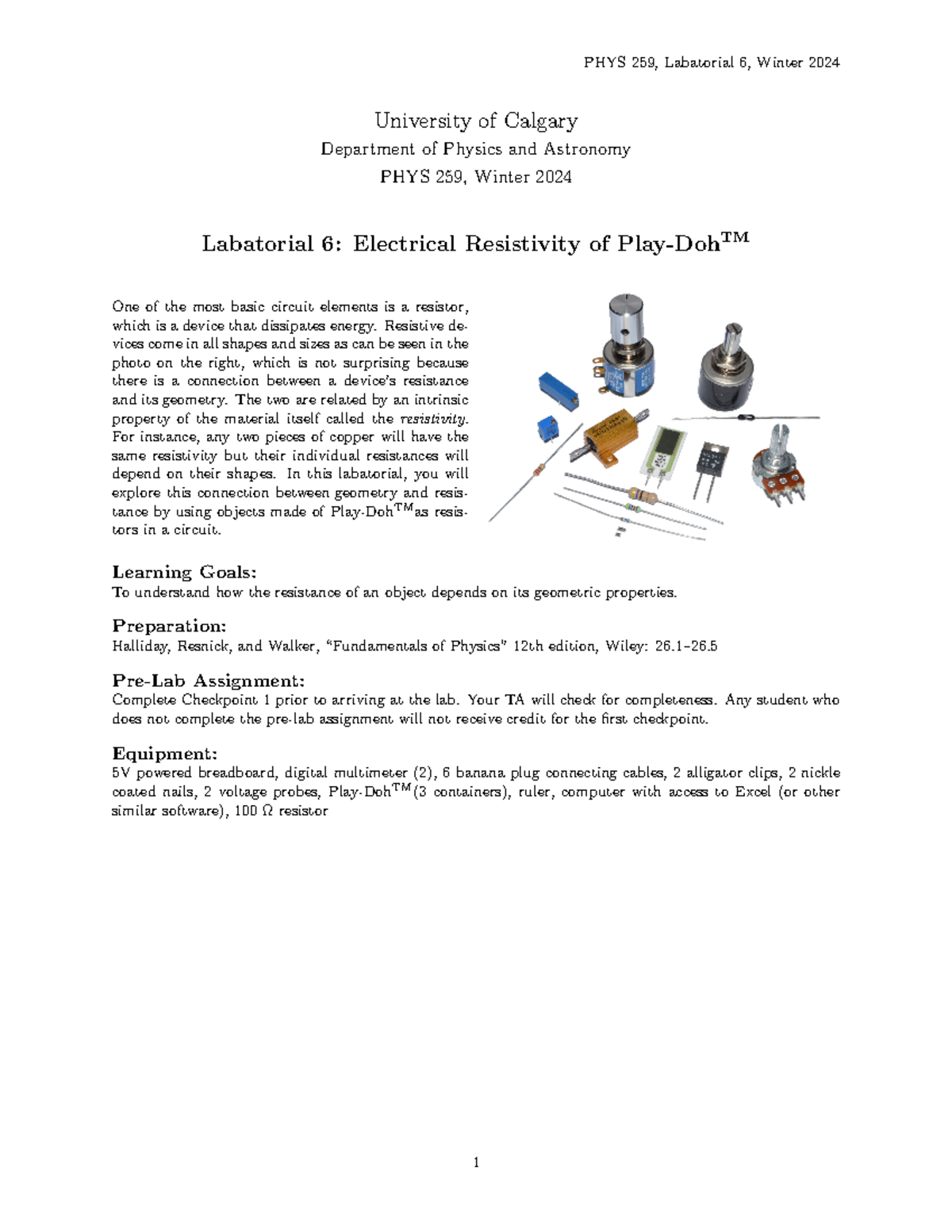 PHYS 259 W2024 - Lab 06 - Resistivity of Play-Doh - PHYS 259, Labatorial 6, Winter 2024 ...