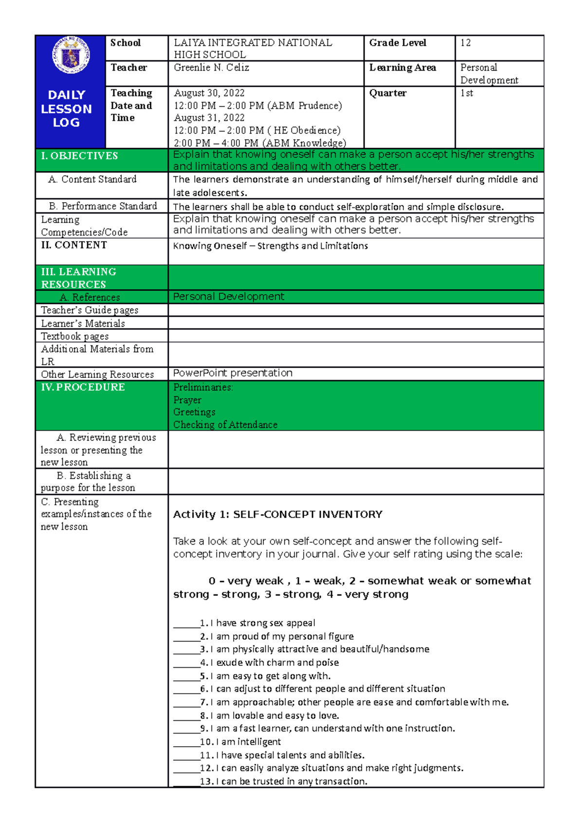 DLL Perdev L1 - Lesson Plan - School LAIYA INTEGRATED NATIONAL HIGH ...