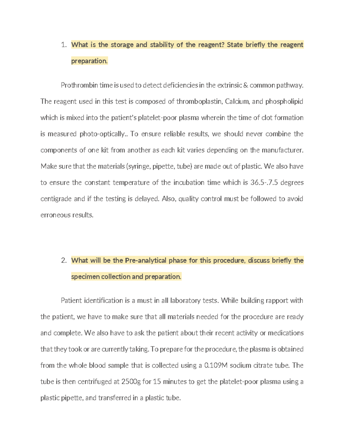 Prothrombin Time (PT) - What is the storage and stability of the ...