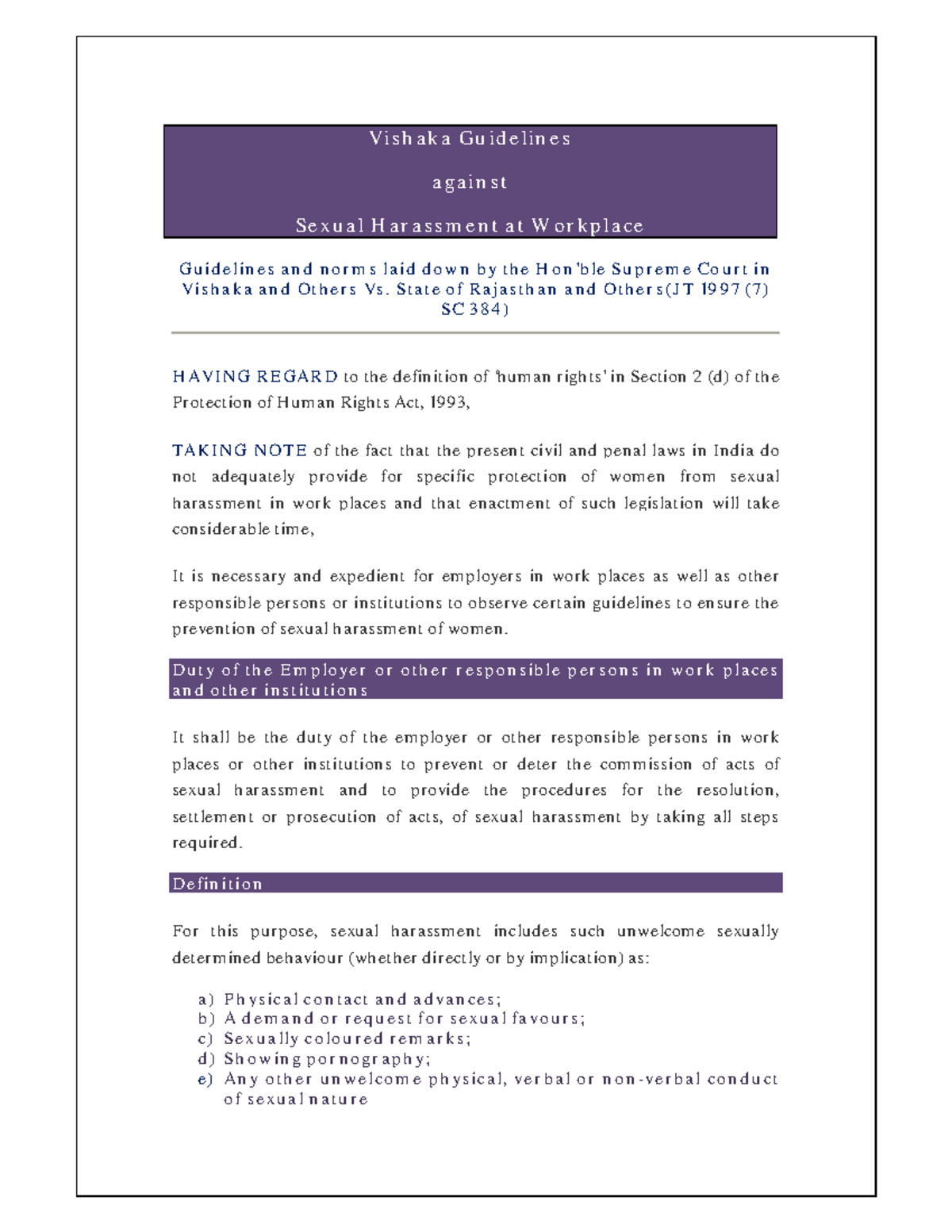 Vishaka guidelines for workplace - Vi s h a k a Gu i d e li n e s a g a ...