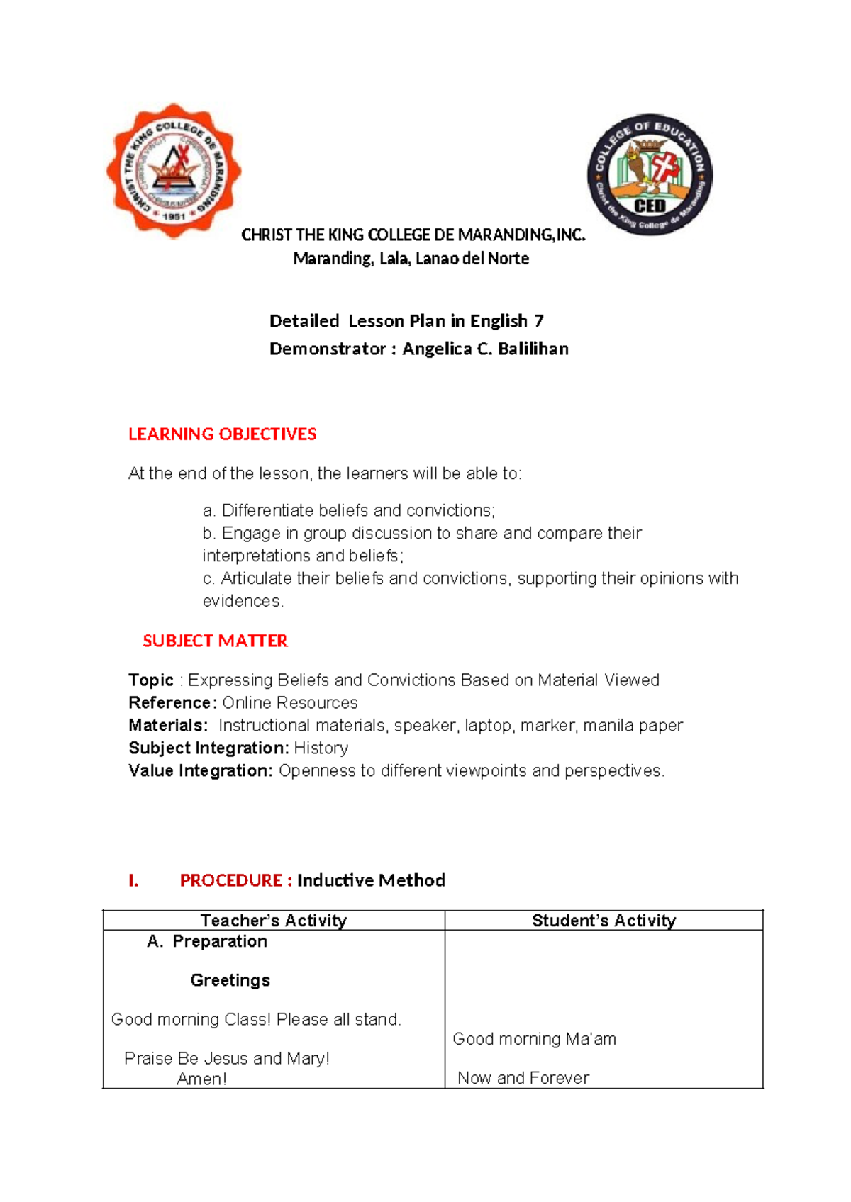 LP - LESSON PLAN FOR GRADE 7 - CHRIST THE KING COLLEGE DE MARANDING,INC ...