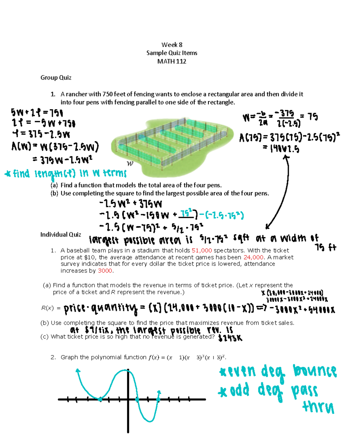 MATH112 8 - Exponential functions - Week 8 Sample Quiz Items MATH 112 Group Quiz A rancher with ...