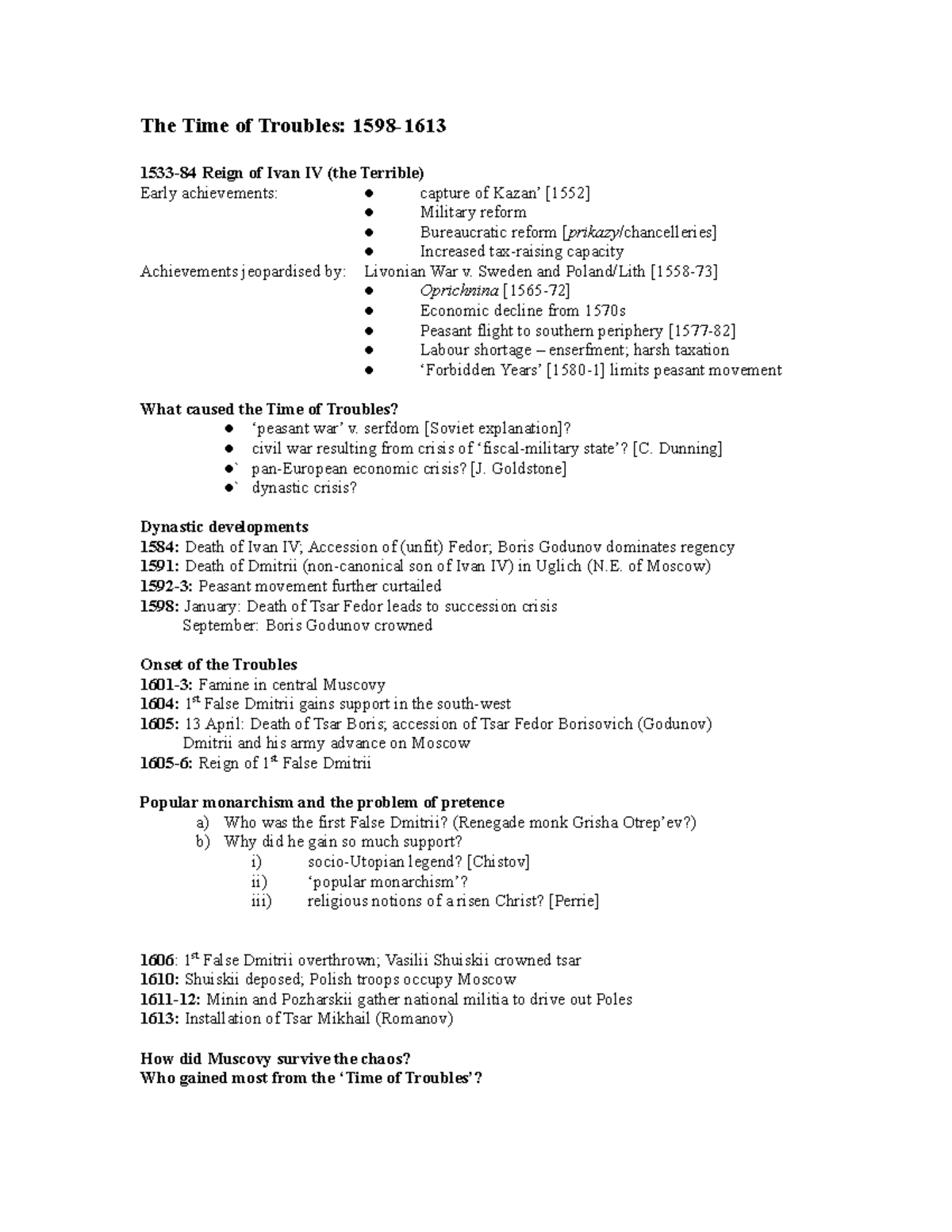 Lecture 02 Handout - The Time of Troubles: 1598- 1533-84 Reign of Ivan ...