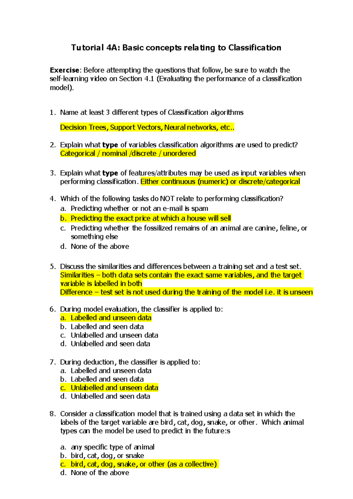 Tutorial 4A Solutions - Tutorial 4A: Basic concepts relating to Classification Exercise: Before ...