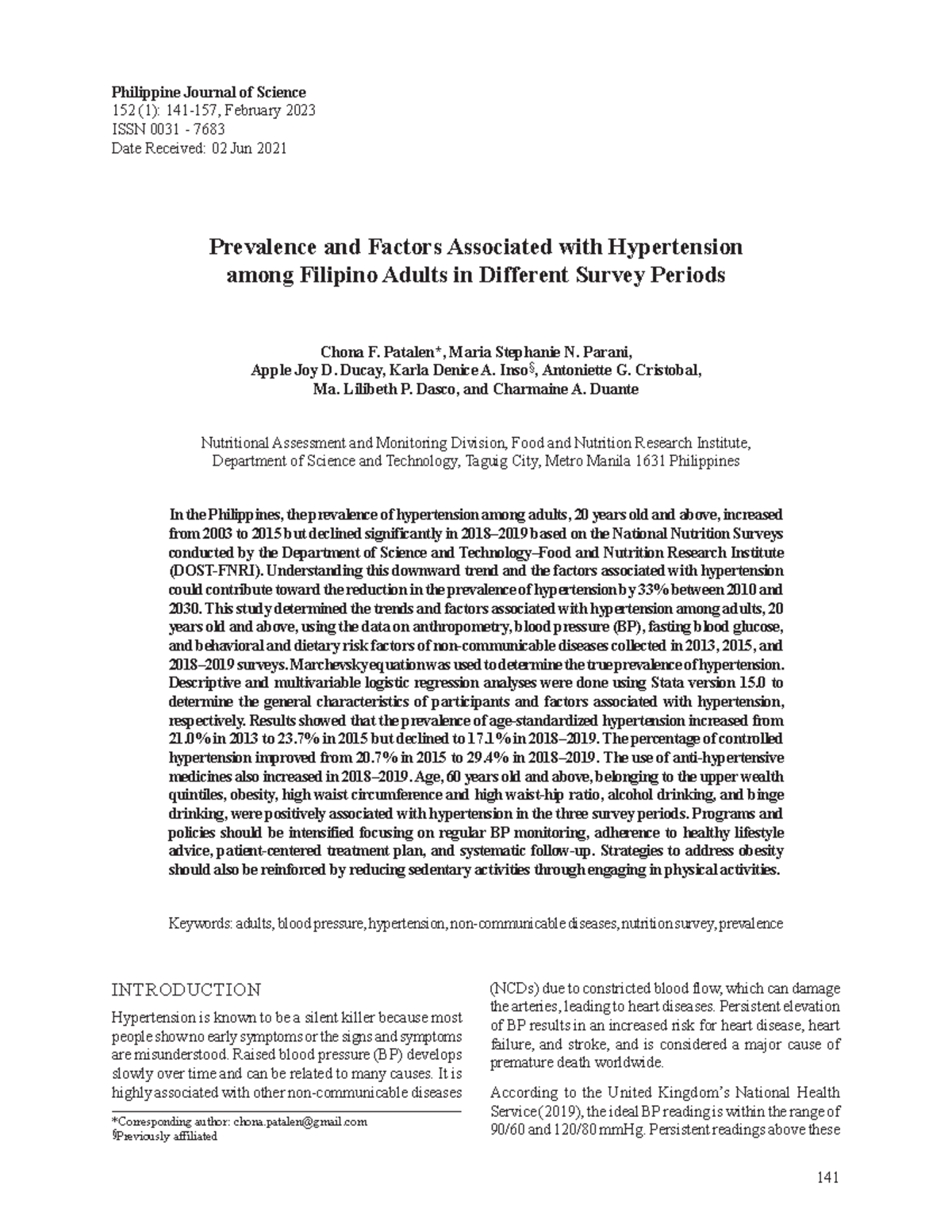 Prevalence and factors associated with hypertension among Filipino ...