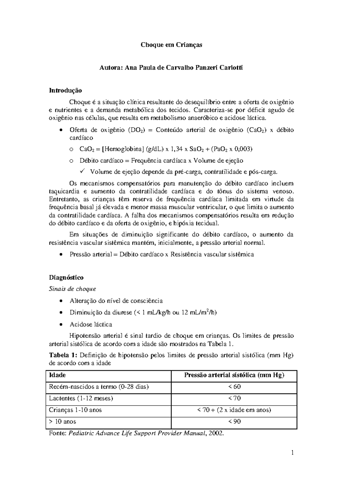 Choque 2018 - Resumo Emergências e Trauma - Choque em Crianças Autora ...