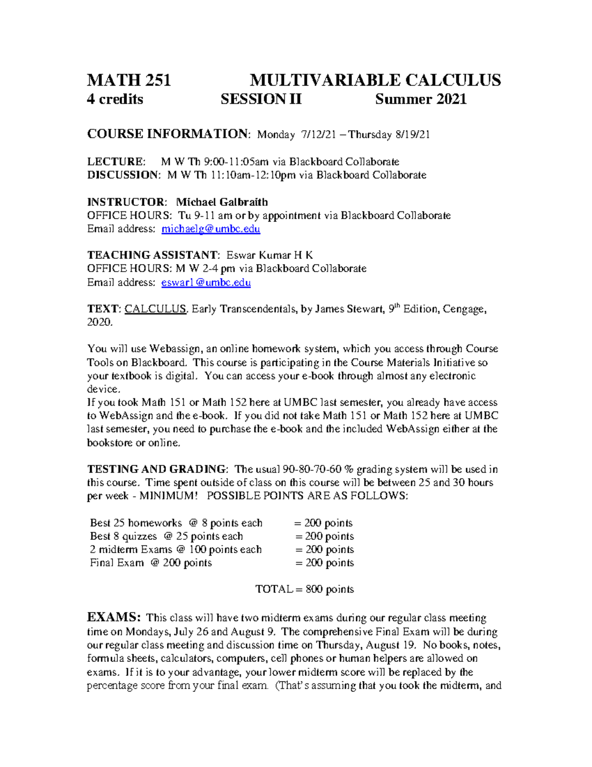 MATH 251, Multivariable Calculus, University of Maryland of Baltimore ...