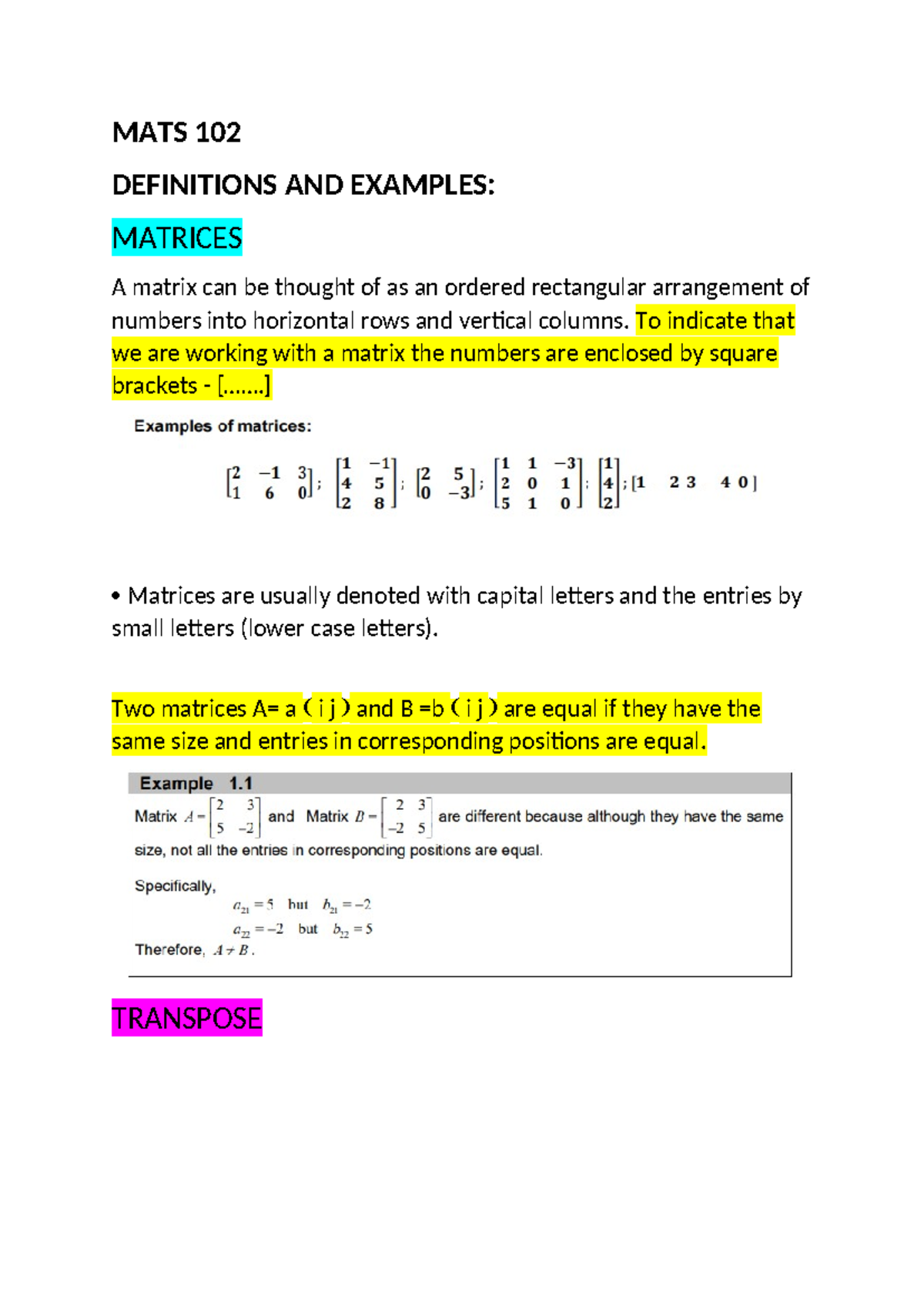 MATS 102 - important notes you should know - MATS 102 DEFINITIONS AND ...
