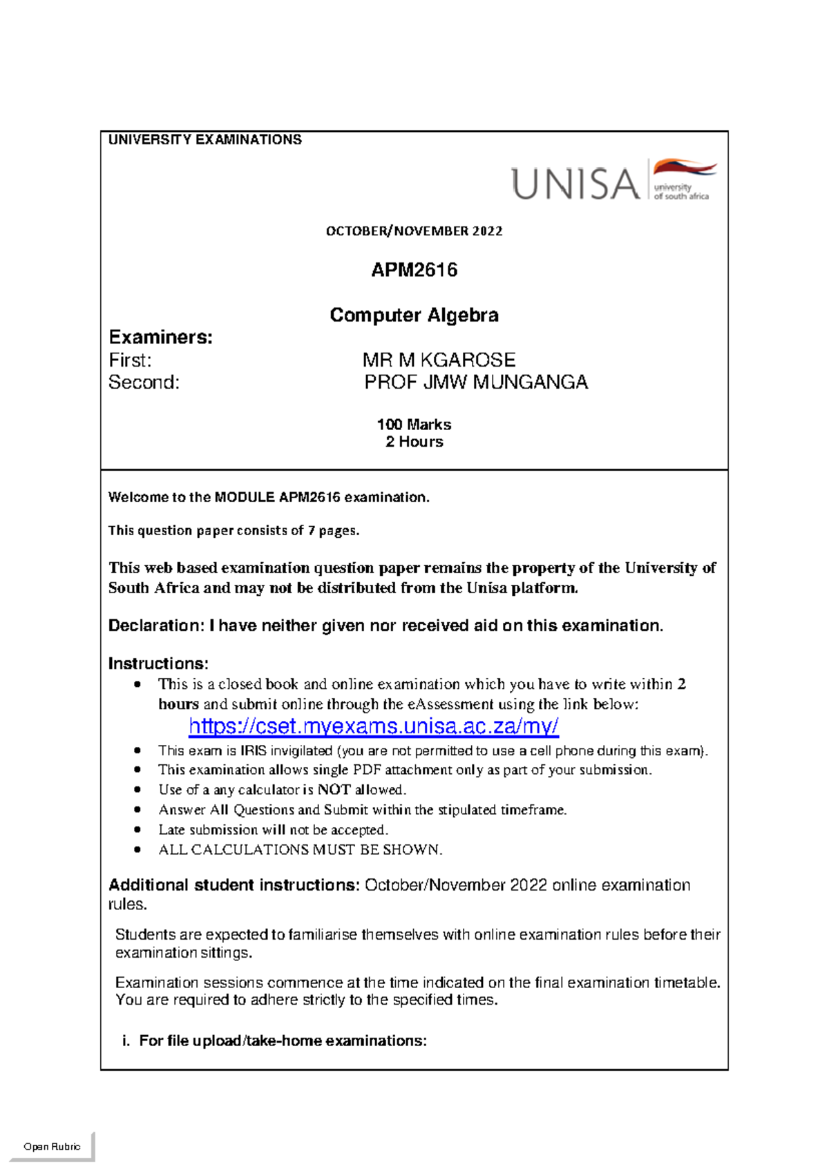 APM2616 Oct-Nov 2022 - EXAM - UNIVERSITY EXAMINATIONS OCTOBER/NOVEMBER ...