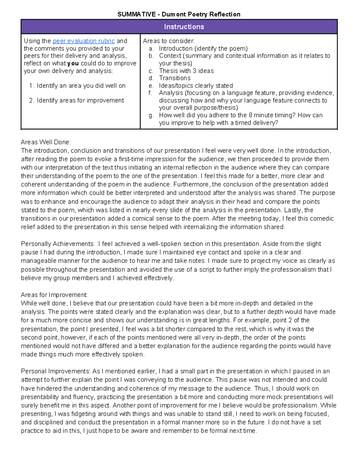 Summative - Dumont Poetry Reflection - SUMMATIVE - Dumont Poetry ...