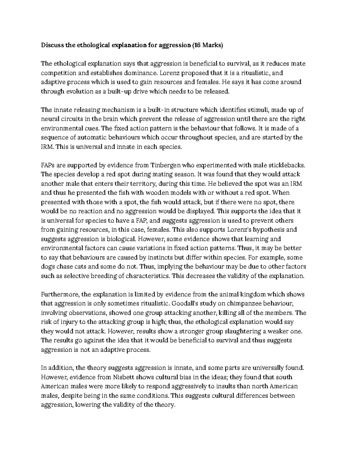 Discuss the ethological explanation for aggression (16 Marks) - Lorenz ...