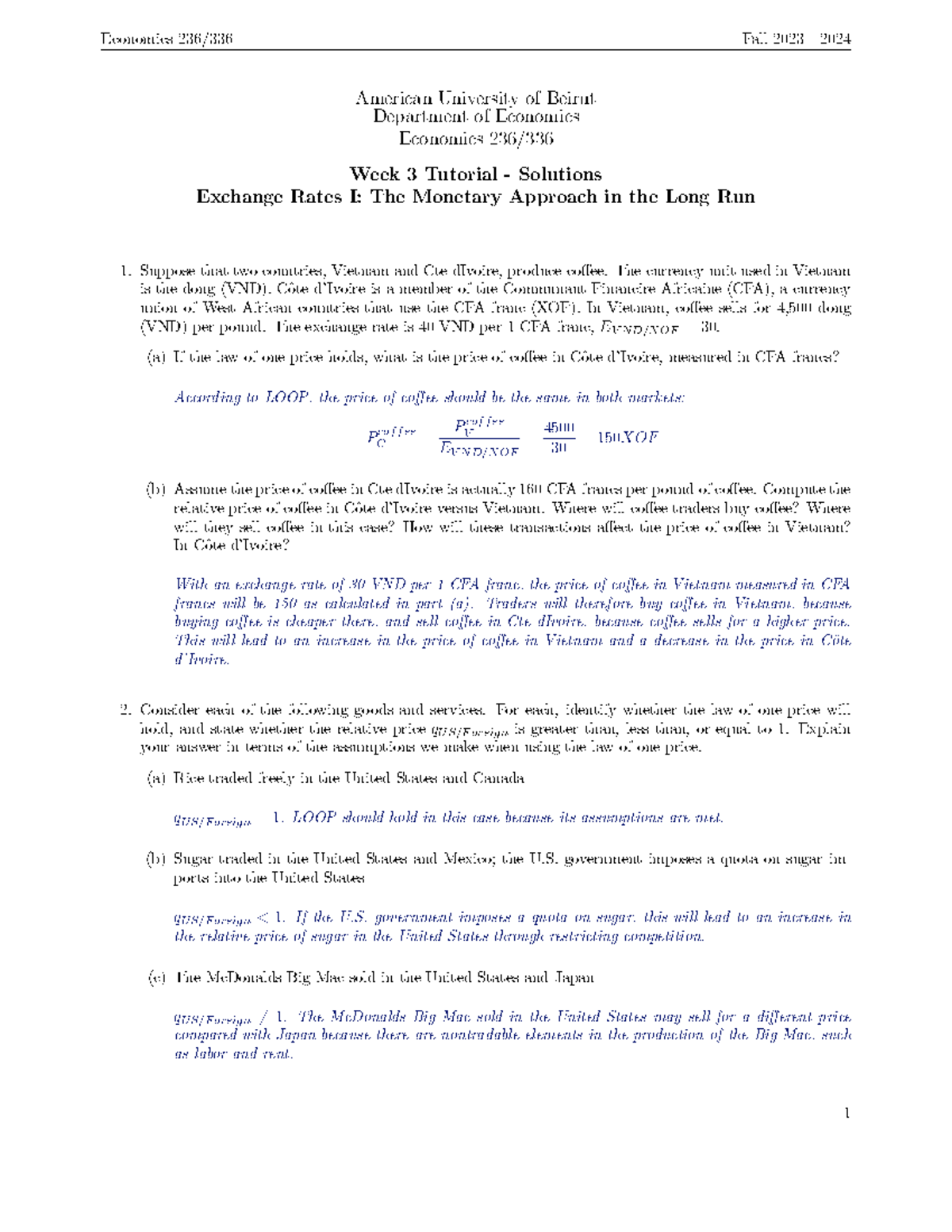 ECON236-336Week3 Tutorial Sol - Economics 236 / 336 Fall 2023 - 2024 ...