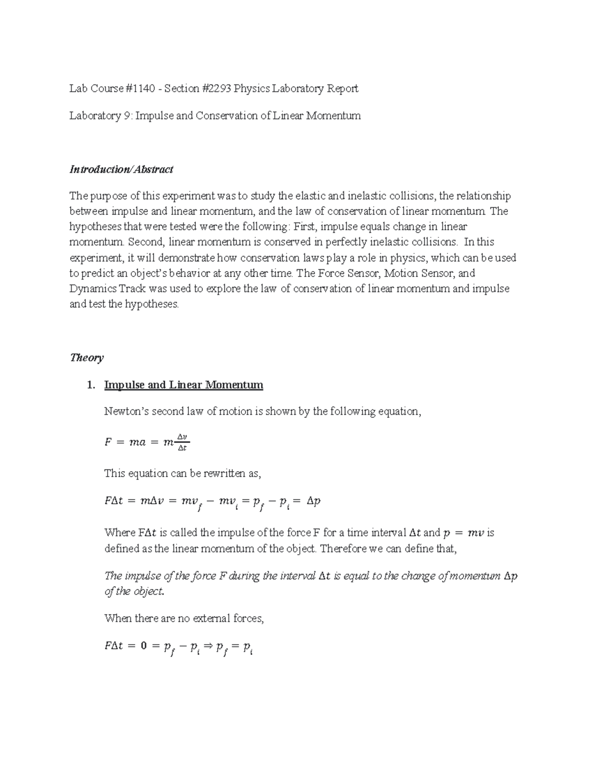 Physics lab 9-2 - Lab Course #1140 - Section #2293 Physics Laboratory ...