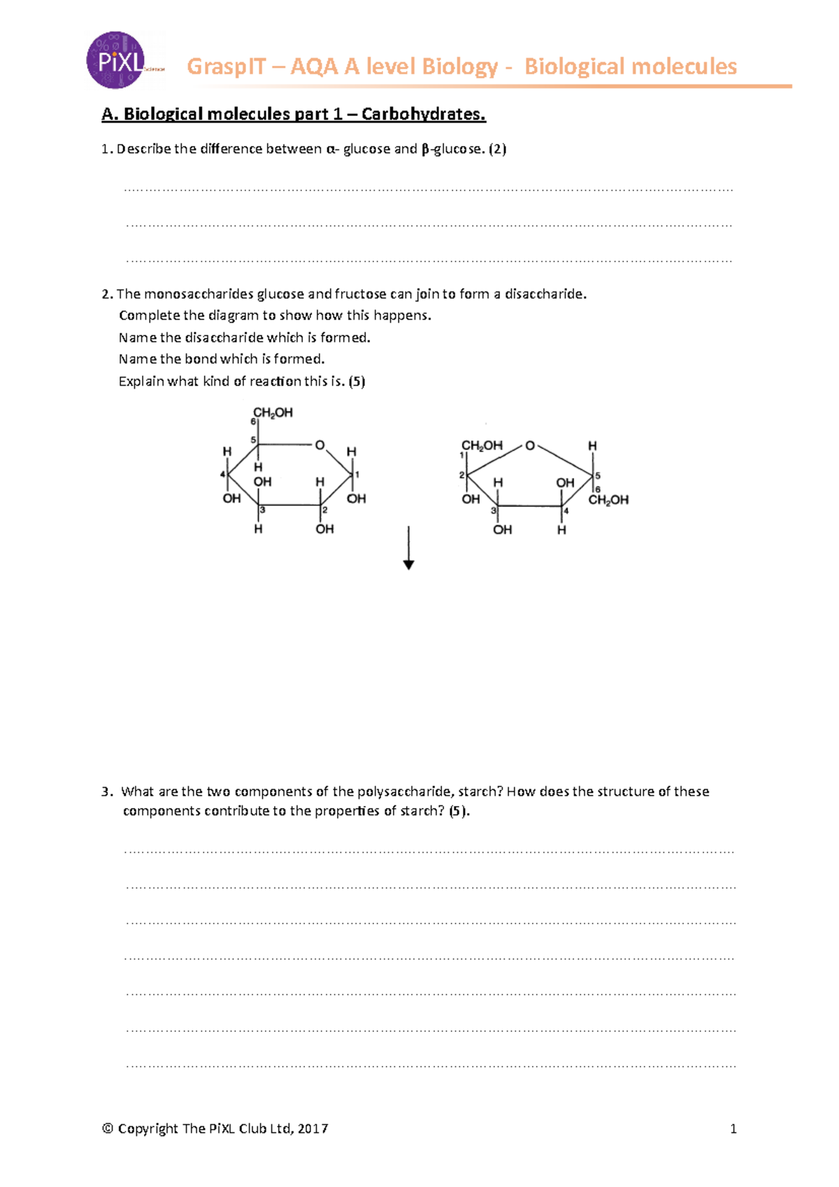 AQA Biology Biological molecules Grasp IT A level Write on worksheet ...