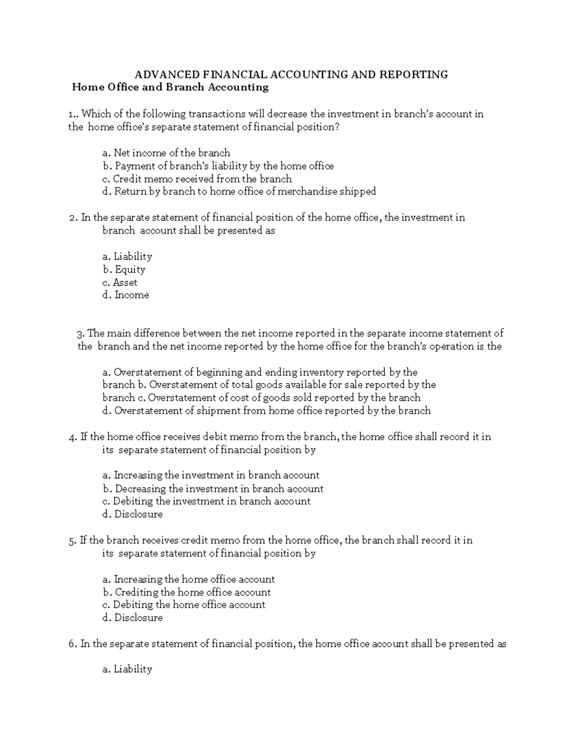 Advanced Financial Accounting AND Reporting - Home Office and Branch ...