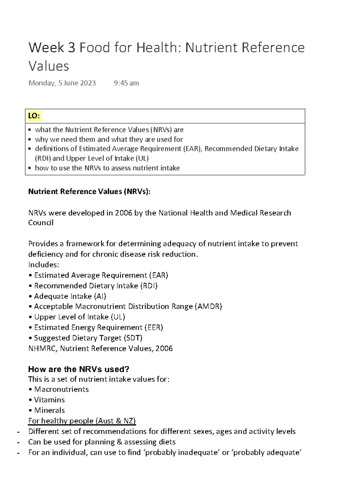 Week 3 Food for Health Nutrient Reference Values - LO: what the ...