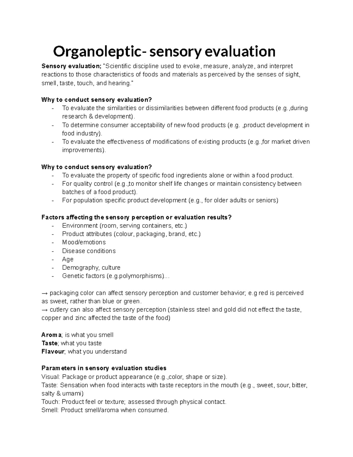 NUT1124 - lecture notes up until February - Organoleptic- sensory ...