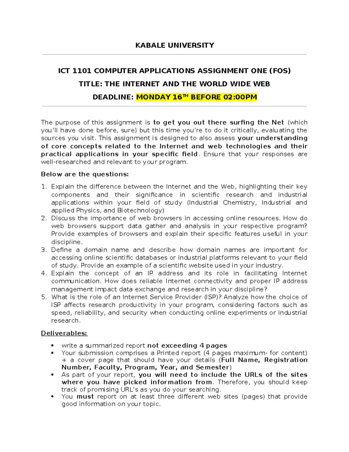 Assignment ONE-THE Internet AND THE WEB - KABALE UNIVERSITY ICT 1101 ...