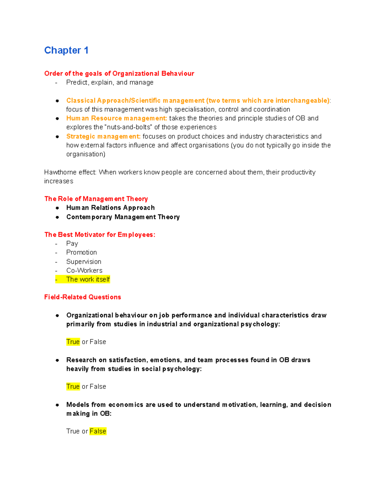Ob notes chap 1-9 - Chapter 1 Order of the goals of Organizational ...