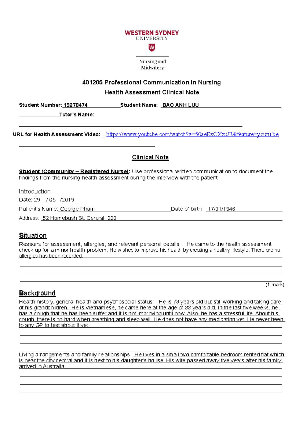 Clinical Note 2019 Bella - 401205 Professional Communication in Nursing ...