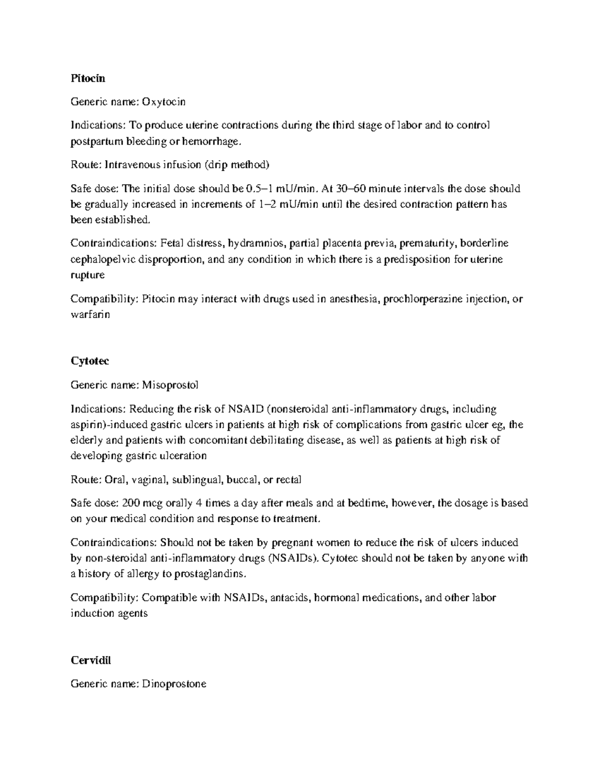 OB med list - OB med list - Pitocin Generic name: Oxytocin Indications ...