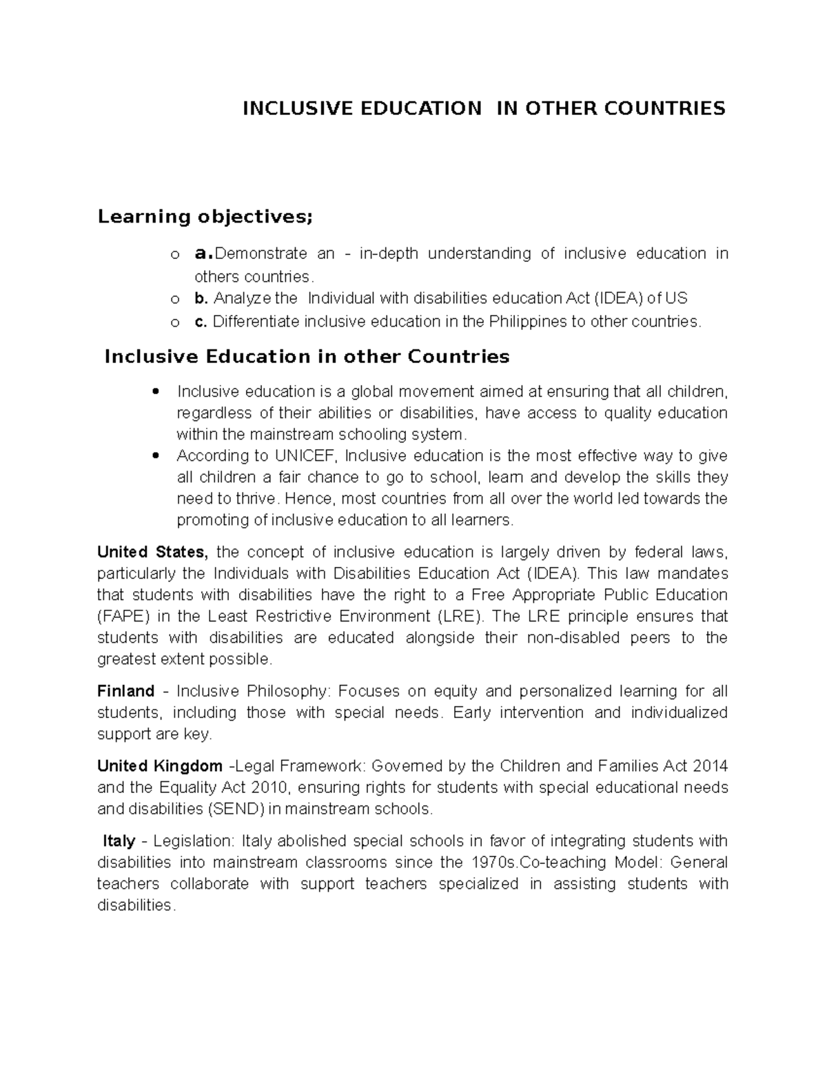 Inclusive Education TO Other Countries - INCLUSIVE EDUCATION IN OTHER ...