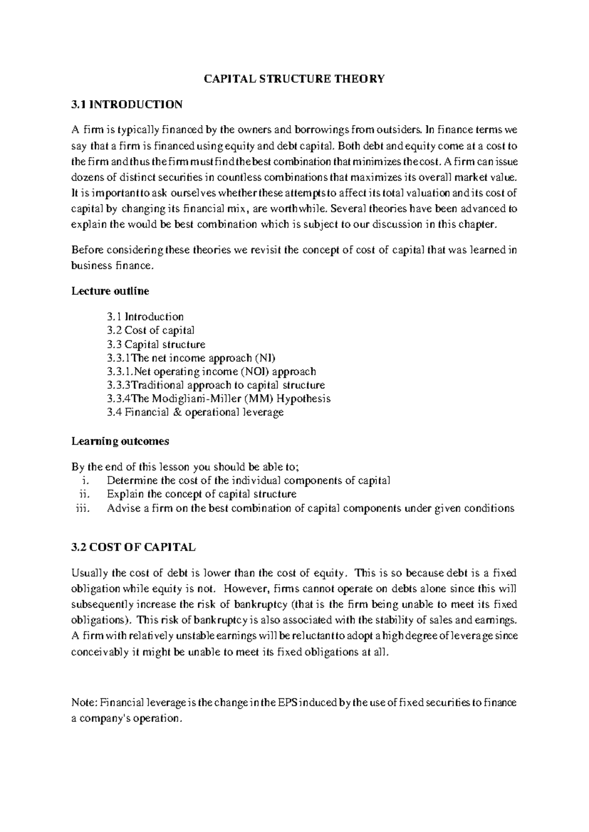 Lecture 3; Capital Structure Theory - CAPITAL STRUCTURE THEORY 3 ...