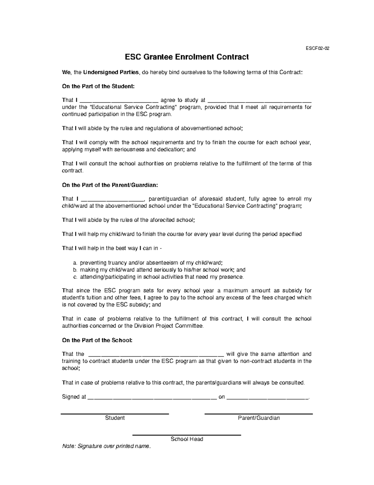 ESC Grantee Enrolment Contract - ESCF02- On the Part of the Student: On ...