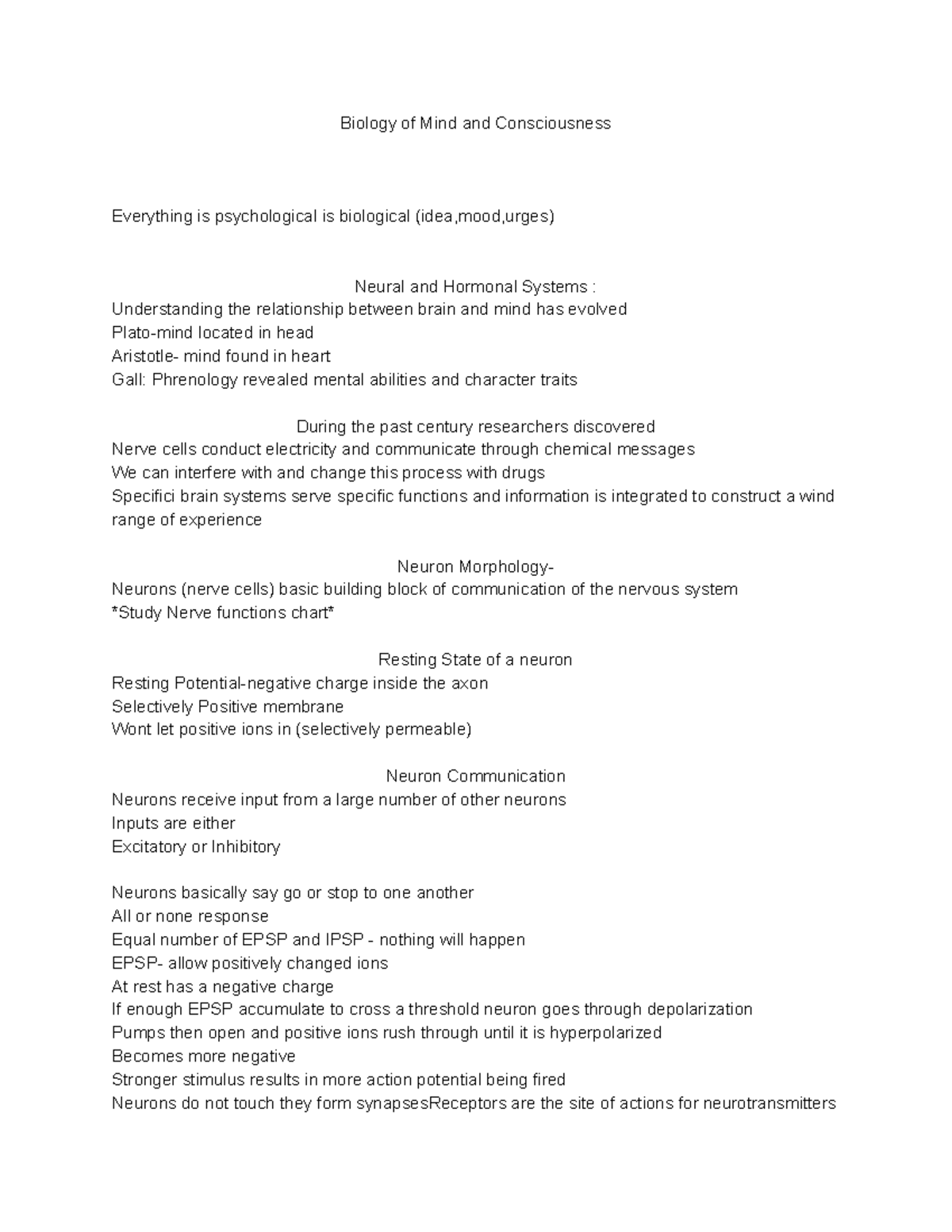 Psychology Notes 1-2 - Biology of Mind and Consciousness Everything is ...