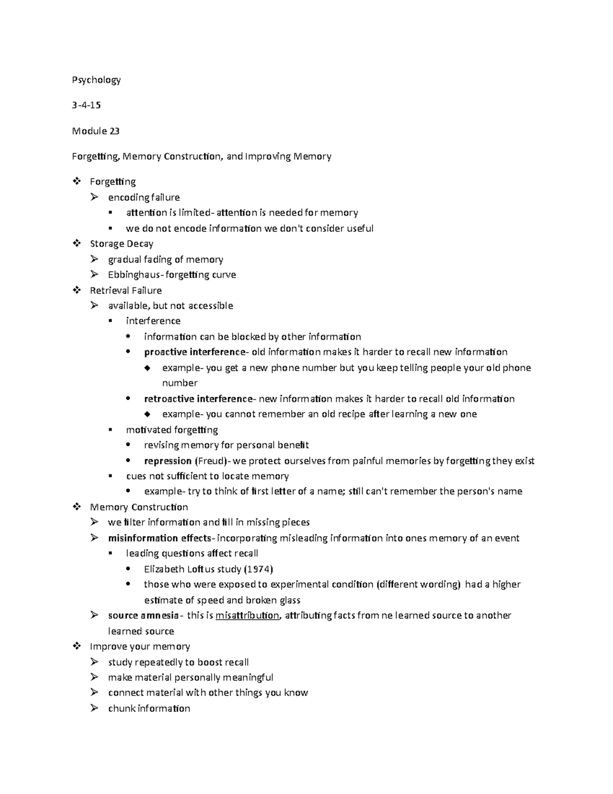 Module 23 - Psychology 3-4- Module 23 Forgetting, Memory Construction, and Improving Memory ...