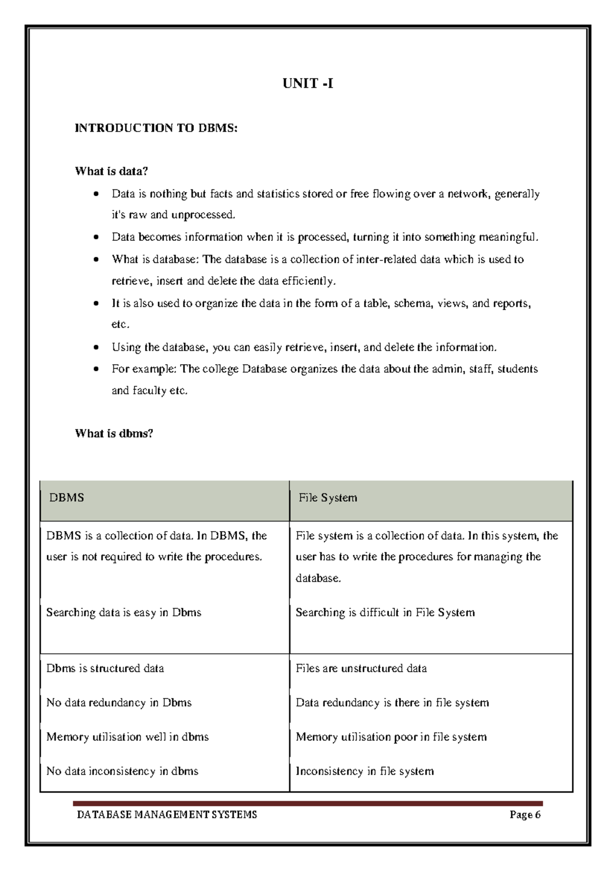 Uit 1 & Unit 2 Notes - Unit 1 and Unit 2 of DBMS ntroduction: Database ...