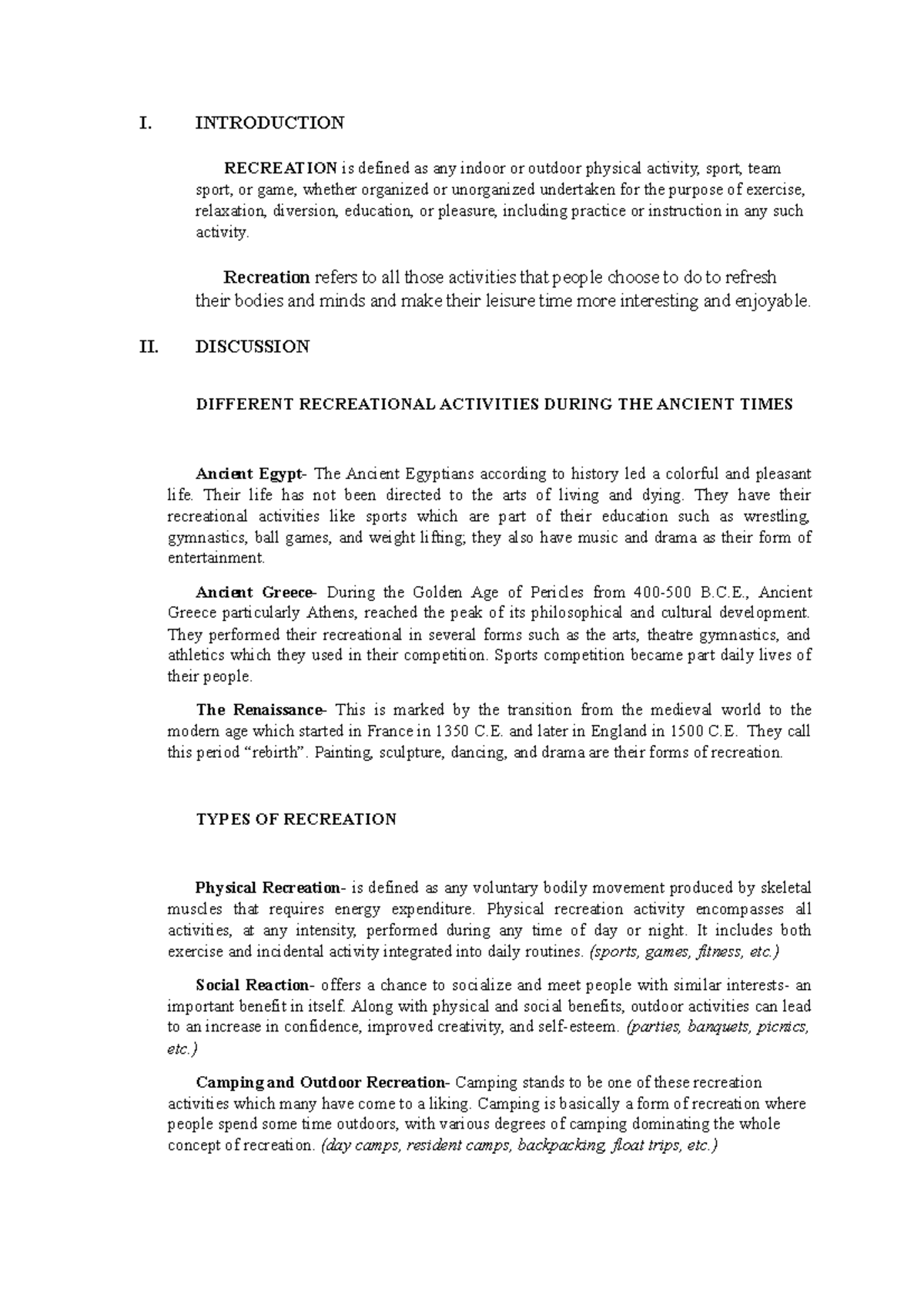 Group-2- Recreation 034613 - I. INTRODUCTION RECREATION is defined as ...