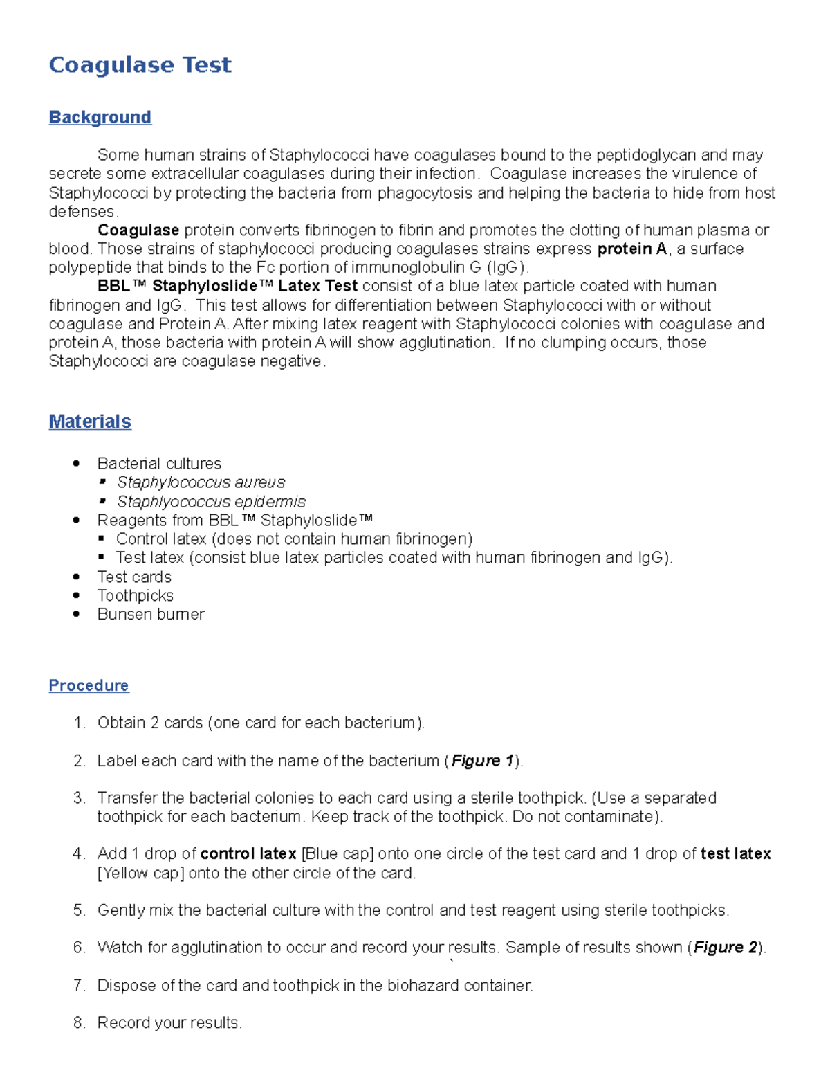 Coagulase Test - bio lab - Coagulase Test Background Some human strains ...