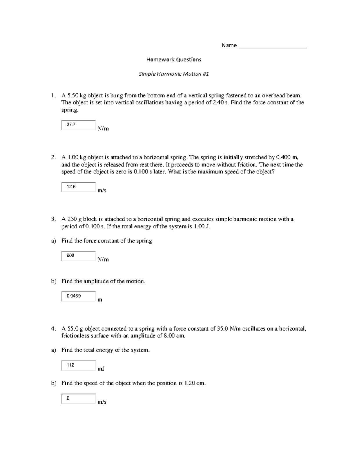 Worksheet 1 intro to physics - Name ______________________ Homework ...