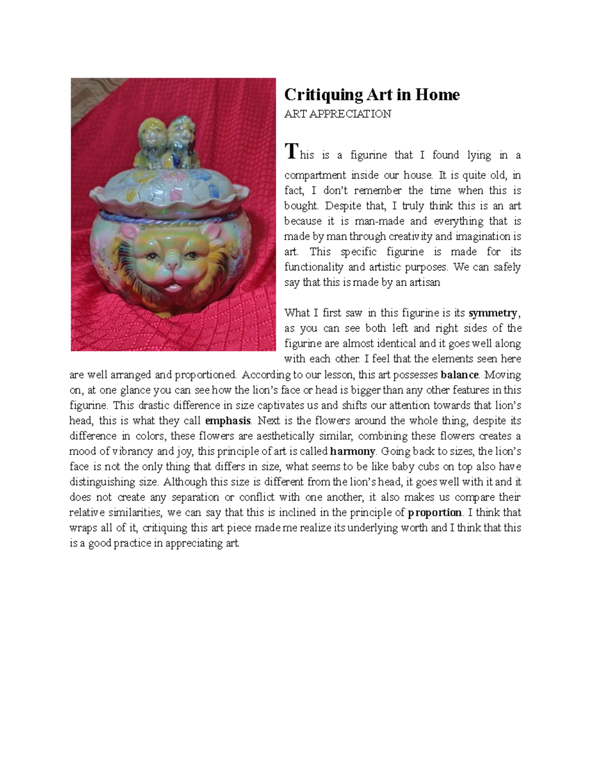 Critiquing Art in Home 1 - Critiquing Art in Home ART APPRECIATION T ...