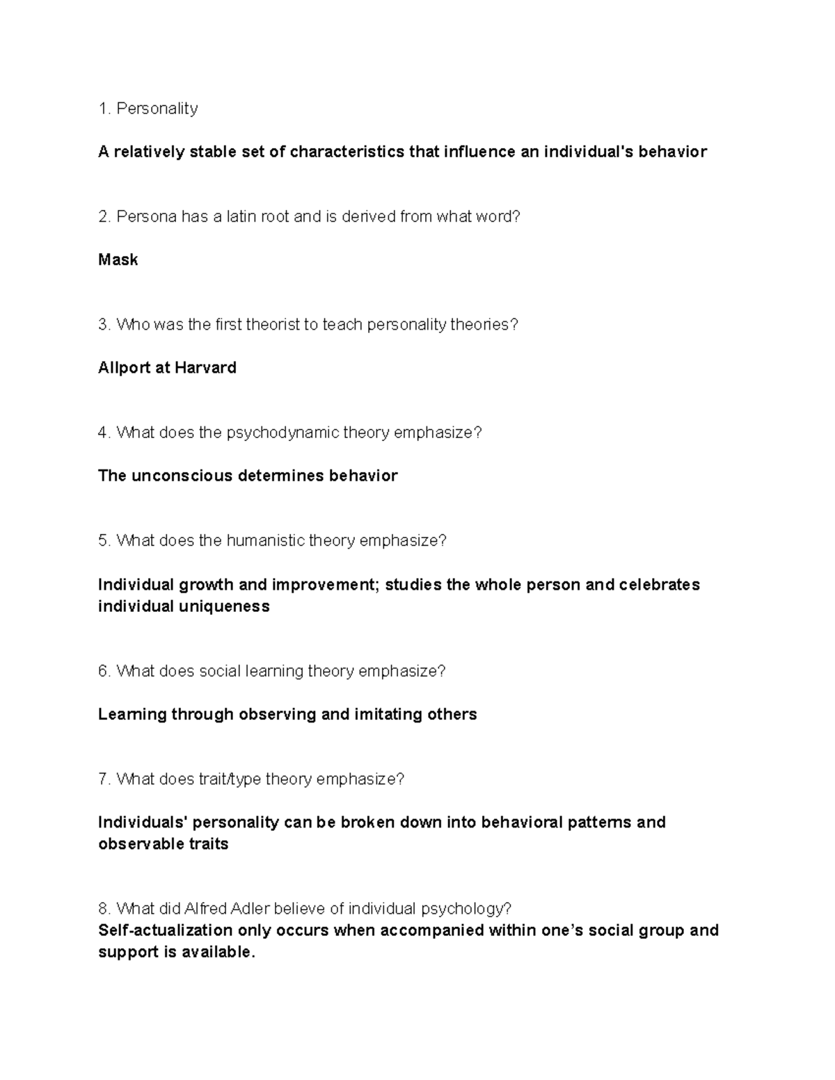 Psych 130 Personality Theories - Quadrant 1 - Personality A relatively ...