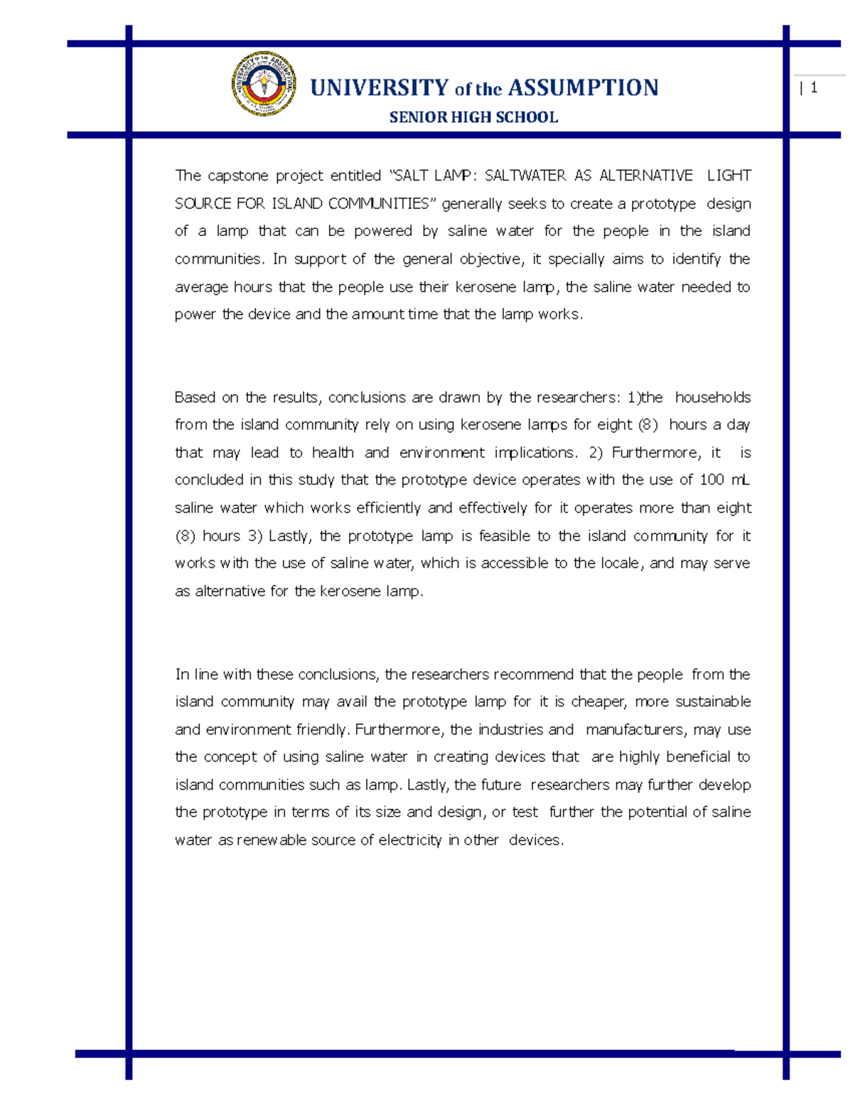 Sample Conclusion and Recommendation - The capstone project entitled ...