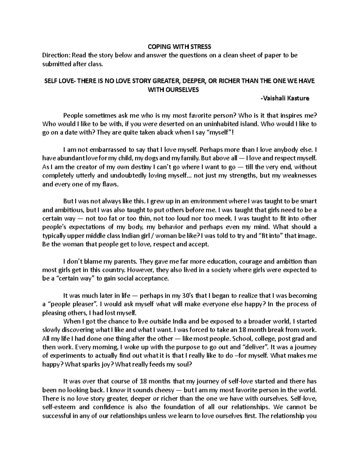 Activity Coping WITH Stress - COPING WITH STRESS Direc&on: Read the ...
