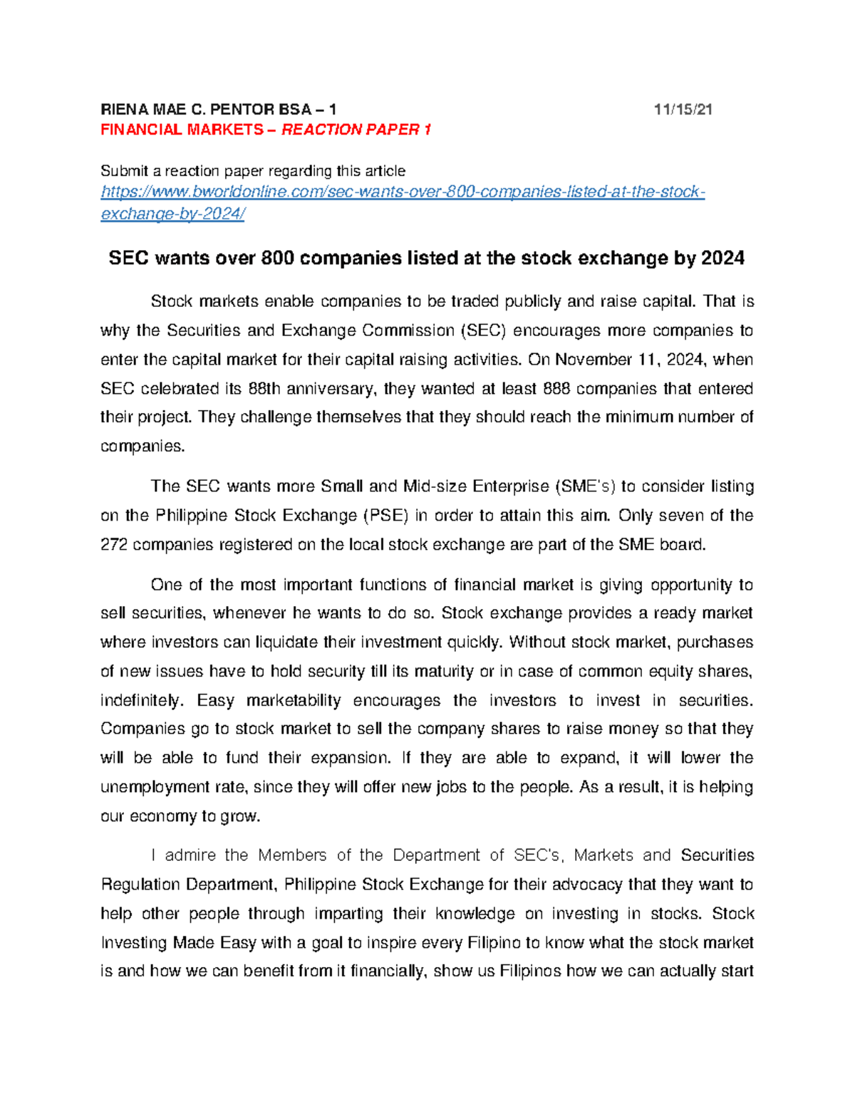 Pentor- Reaction Paper 1 - RIENA MAE C. PENTOR BSA – 1 11/15/ FINANCIAL ...