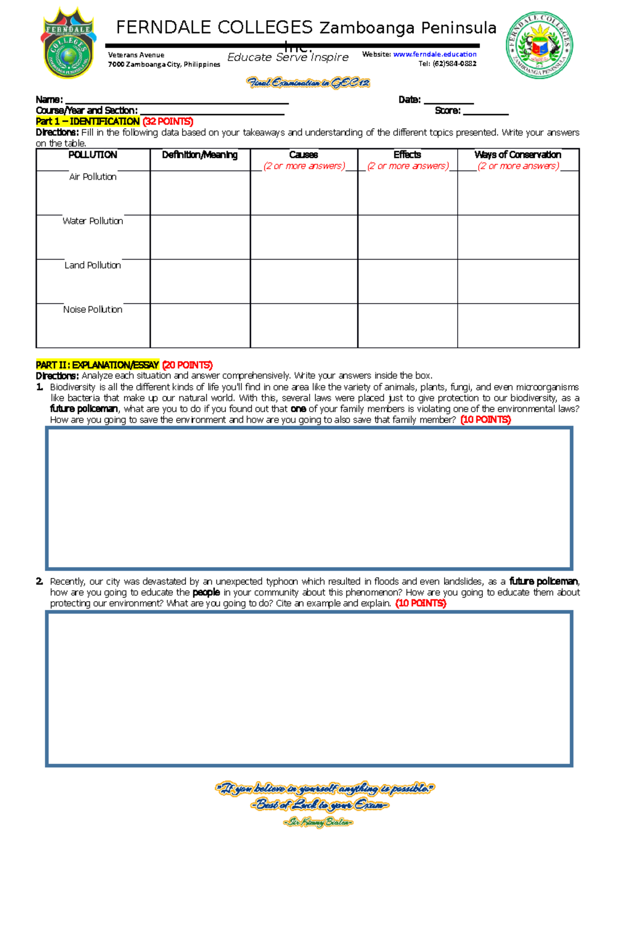 GEC 12- Finals - Example sample only. - Name