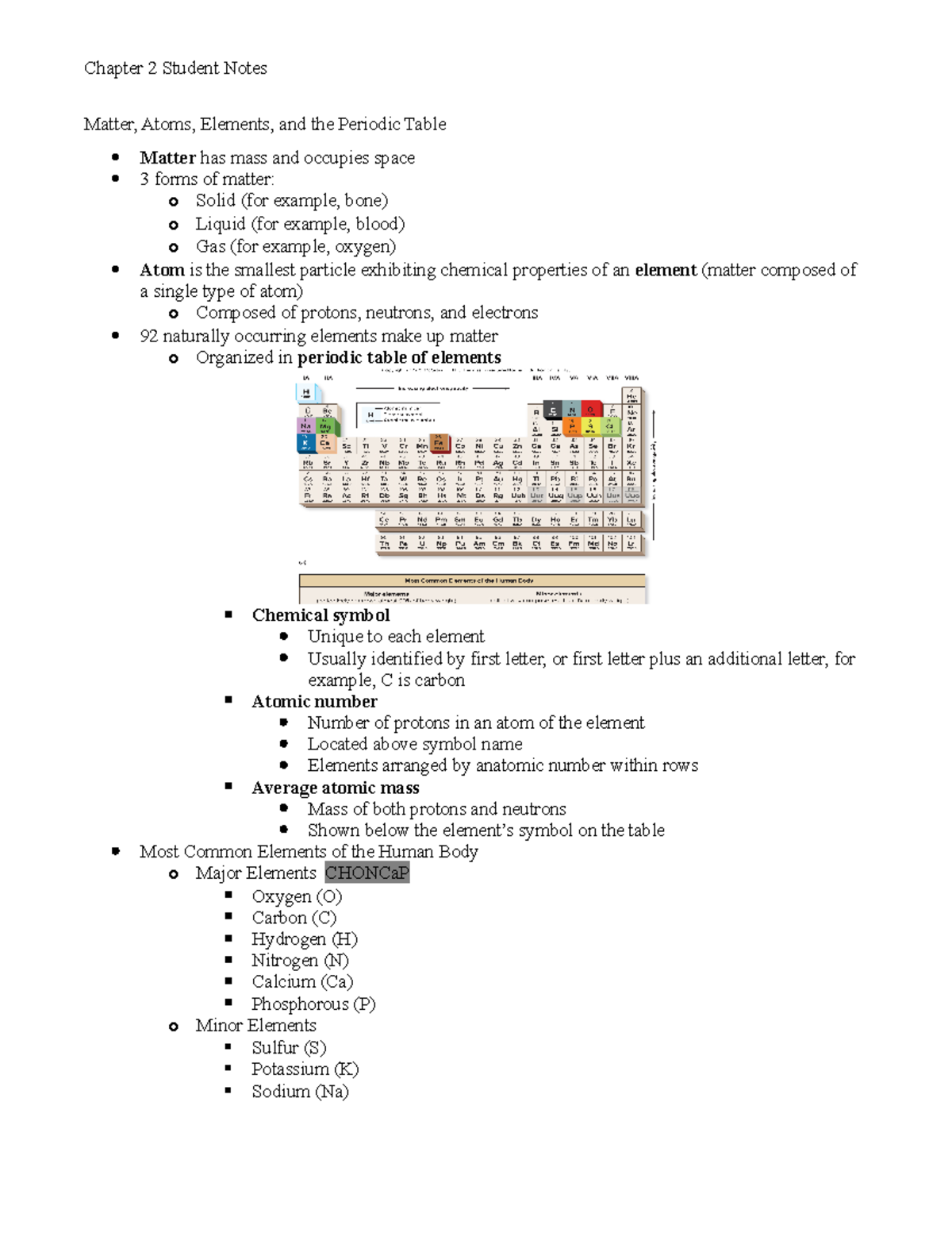 Chapter 2 Student Notes BMS 250 - Matter, Atoms, Elements, and the ...