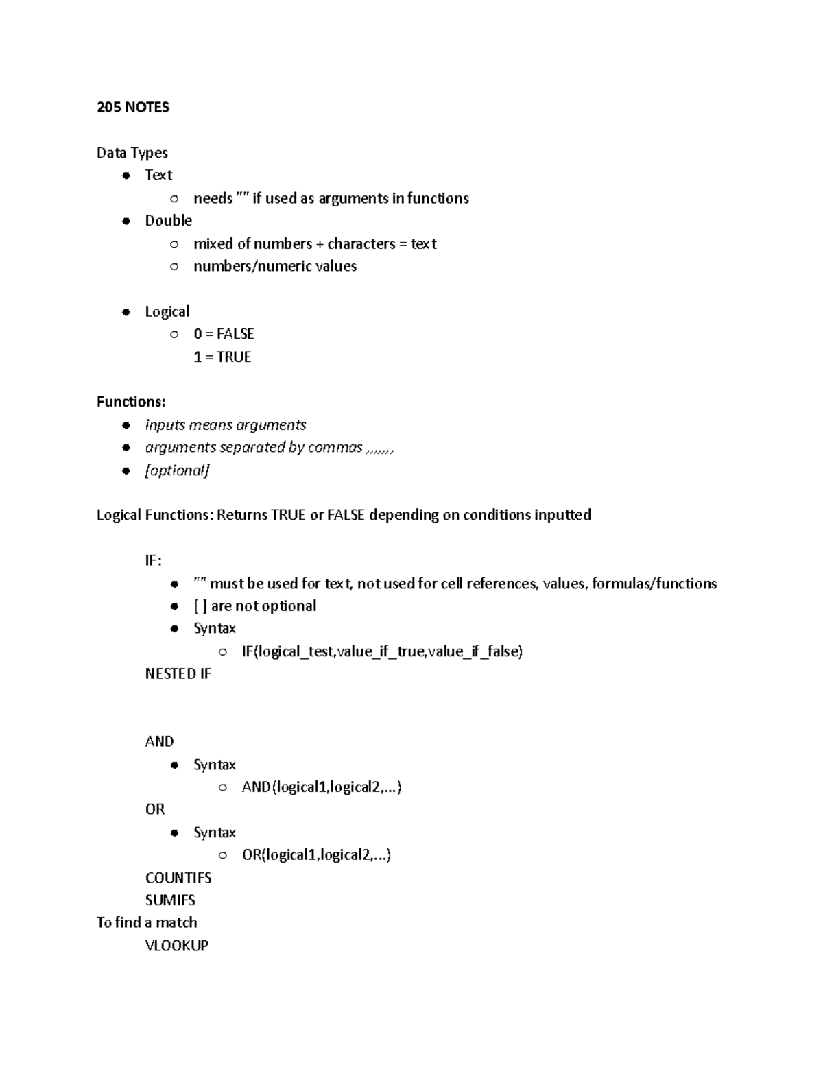 205 Notes - 205 NOTES Data Types Text needs "" if used as arguments in ...