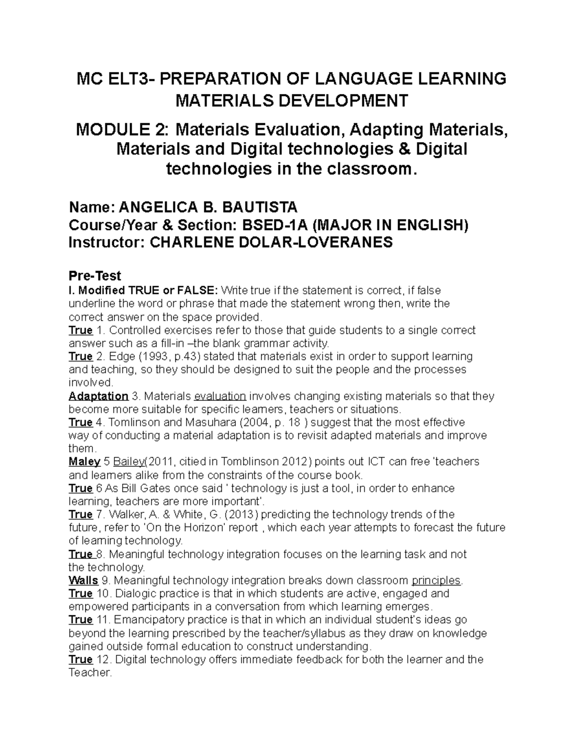MC ELT3 module 2 answer - MC ELT3- PREPARATION OF LANGUAGE LEARNING ...