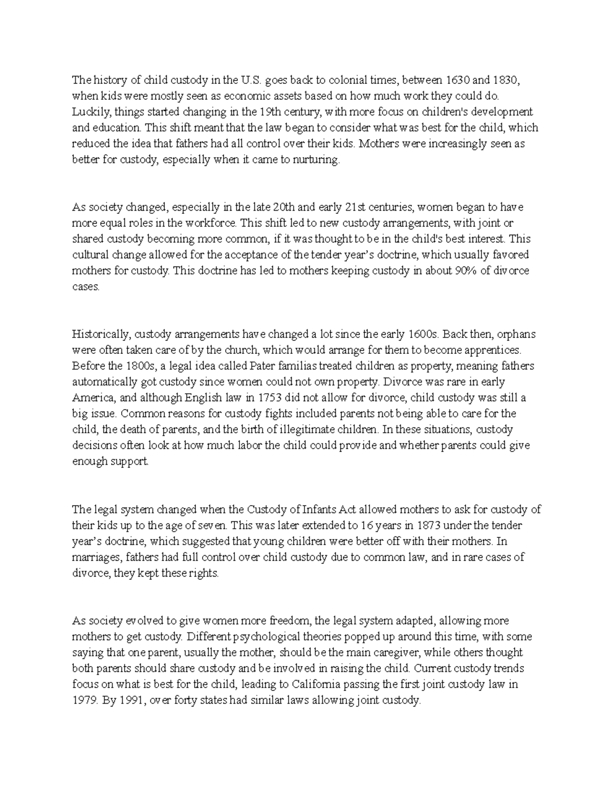 Short paper 3 - The history of child custody in the U. goes back to ...